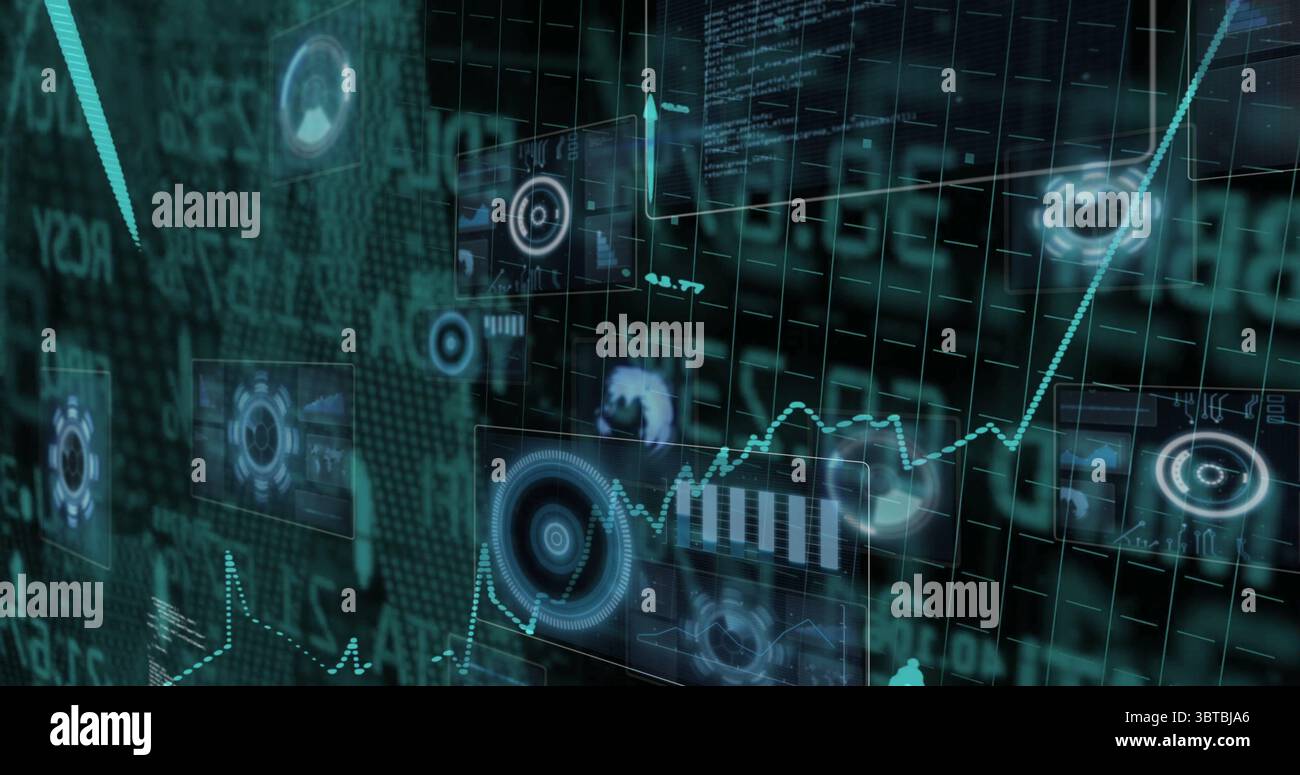 Displaying data overlays on control monitor, with teal line graph, HUD elements and code ...