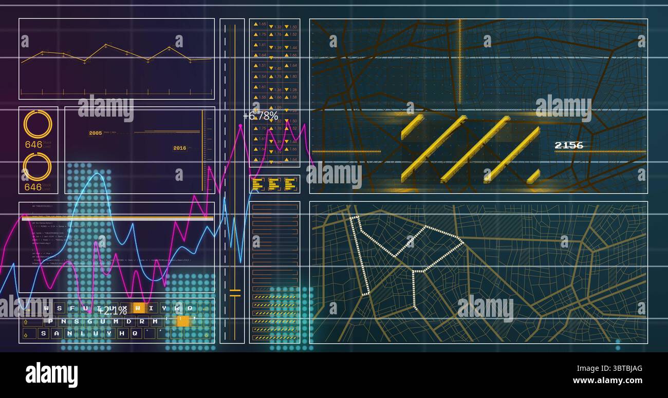 Displaying analytics interface panels on grid backdrop, with line charts and circular gauges ...