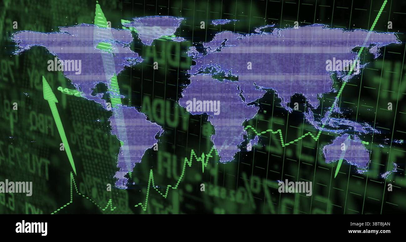 Displaying purple dotted world map on market grid screen, showing green ...