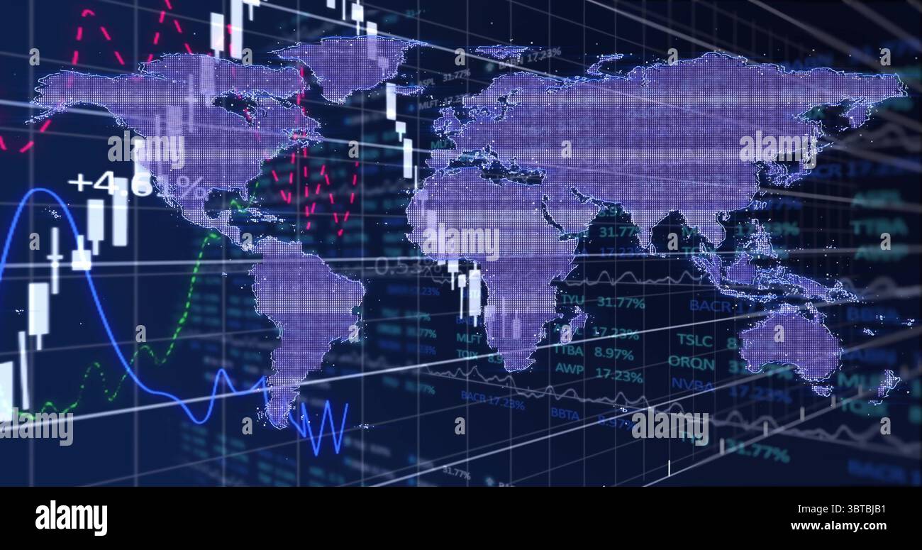 Displaying purple world map overlaying dashboard grid, with candlestick bars and line graphs ...