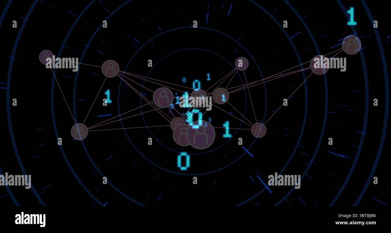 Displaying user icon nodes connecting with lines and binary digits in futuristic network ...