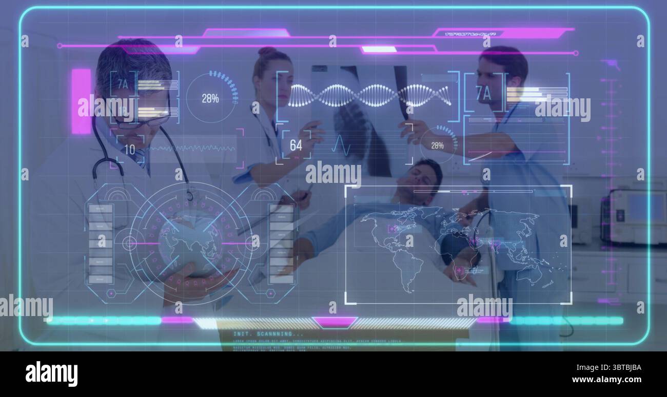 Examining doctors in white coats reviewing holographic DNA waveform ...