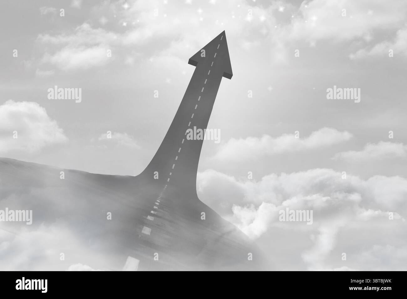 Dark asphalt road is morphing into upward arrow in flat design amid ...