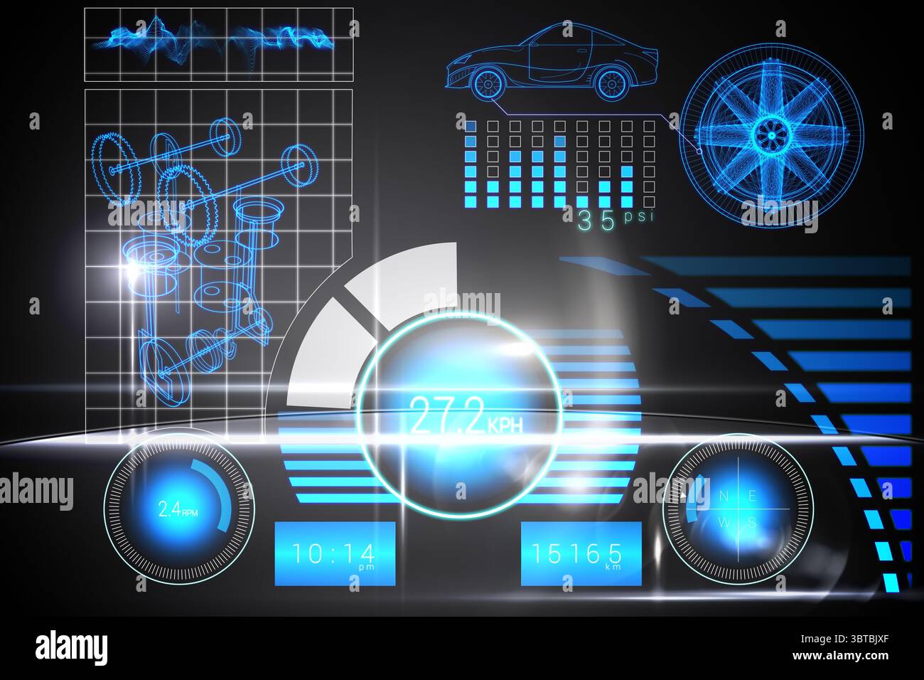 Futuristic automotive HUD is showing speedometer, tachometer, compass ...