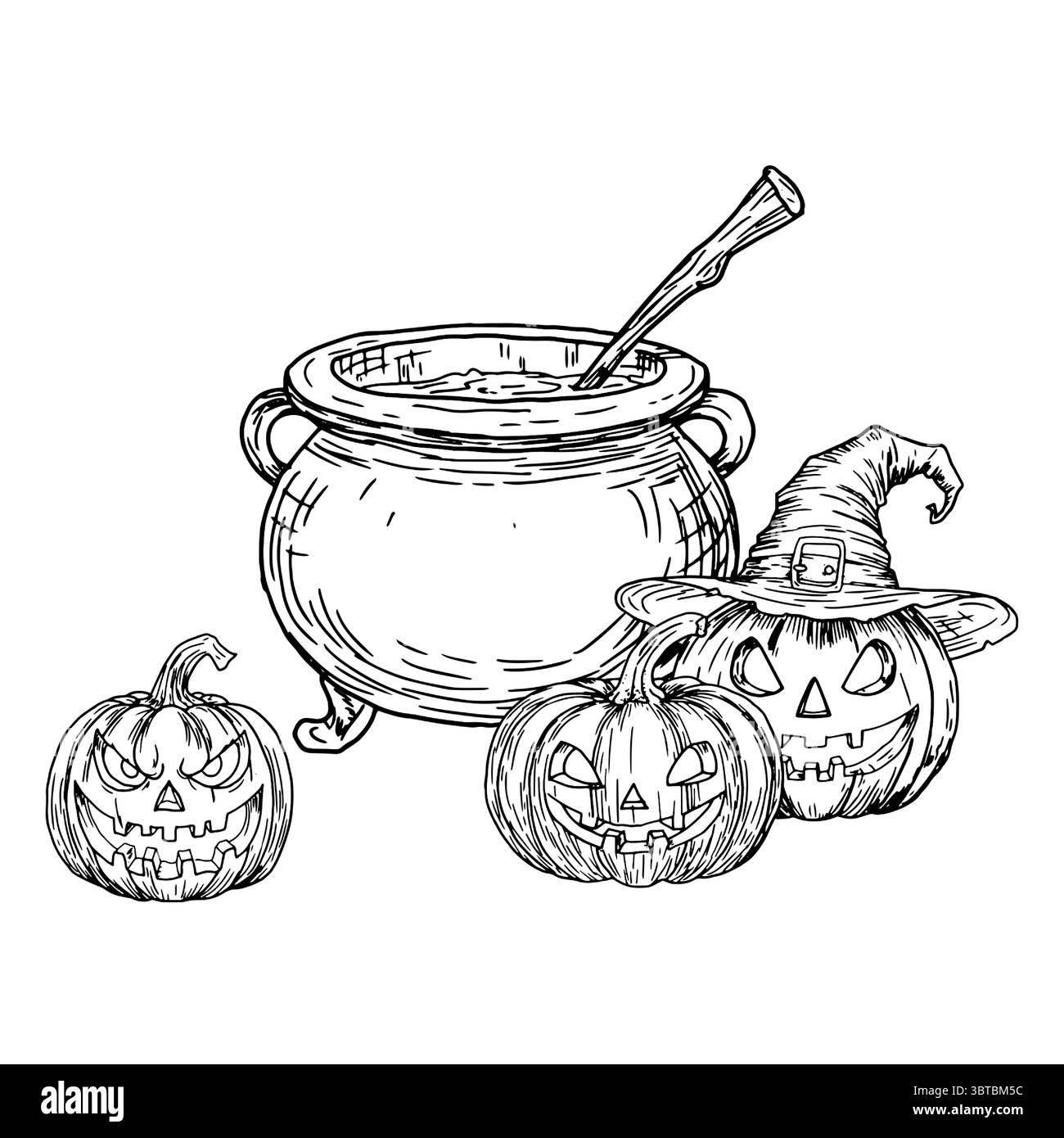 Magic cauldron with potion and pumpkins with carved faces, black and ...