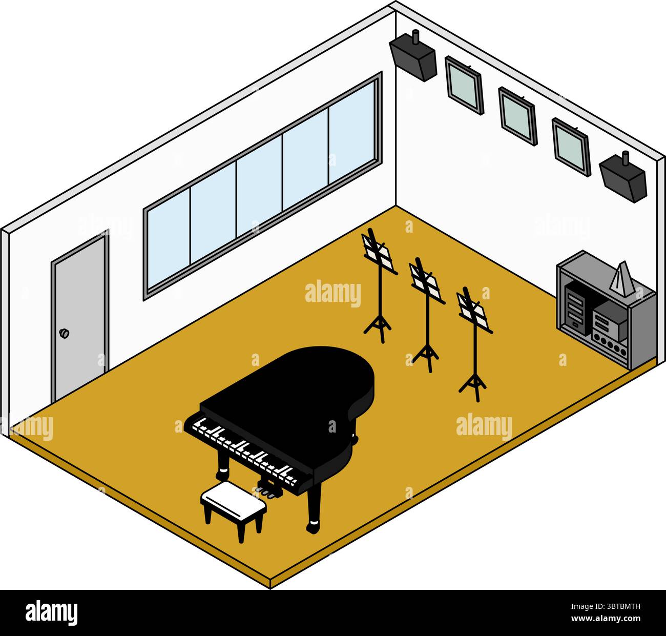 Simple and cute isometric line drawing illustration of a school music ...