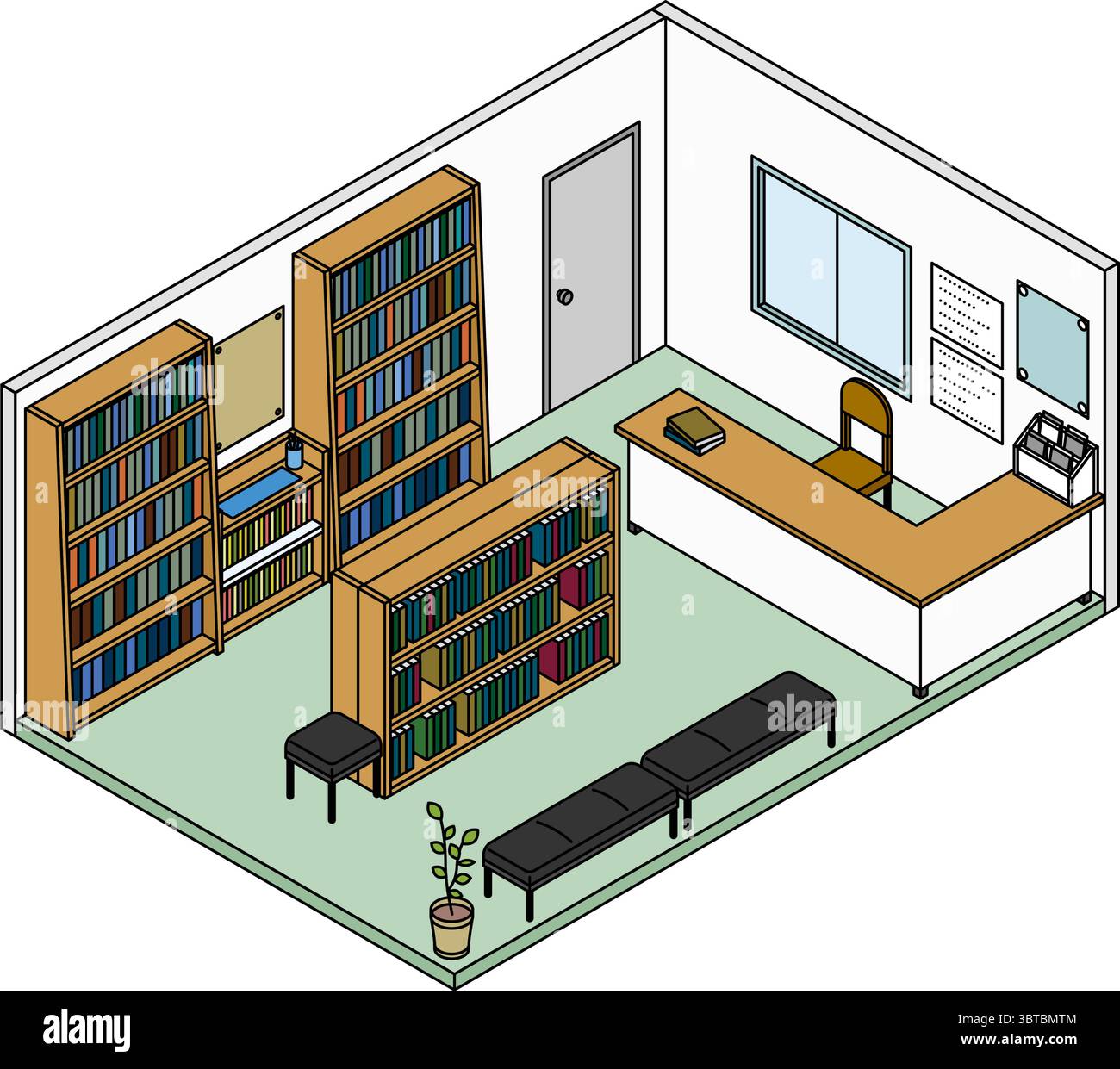 Simple and cute isometric line drawing illustration of a school library ...