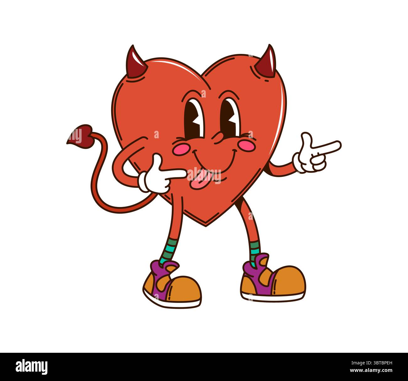 Cartoon groovy Halloween devil heart character with funny smile on ...