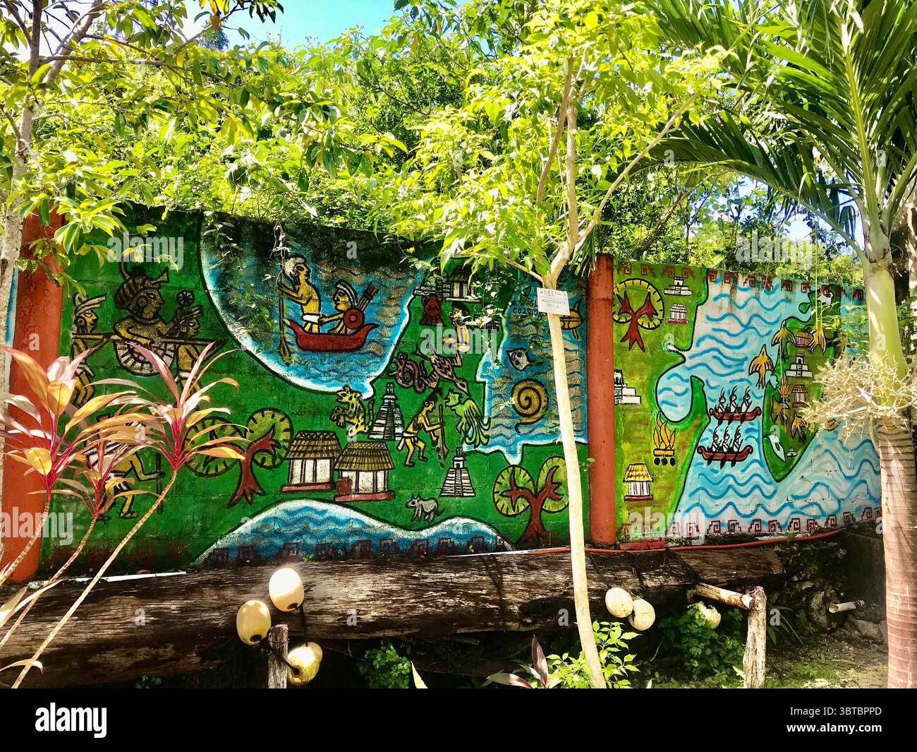 Colorful Mayan-Inspired Mural in the Jungle, Cozumel, Mexico Stock ...
