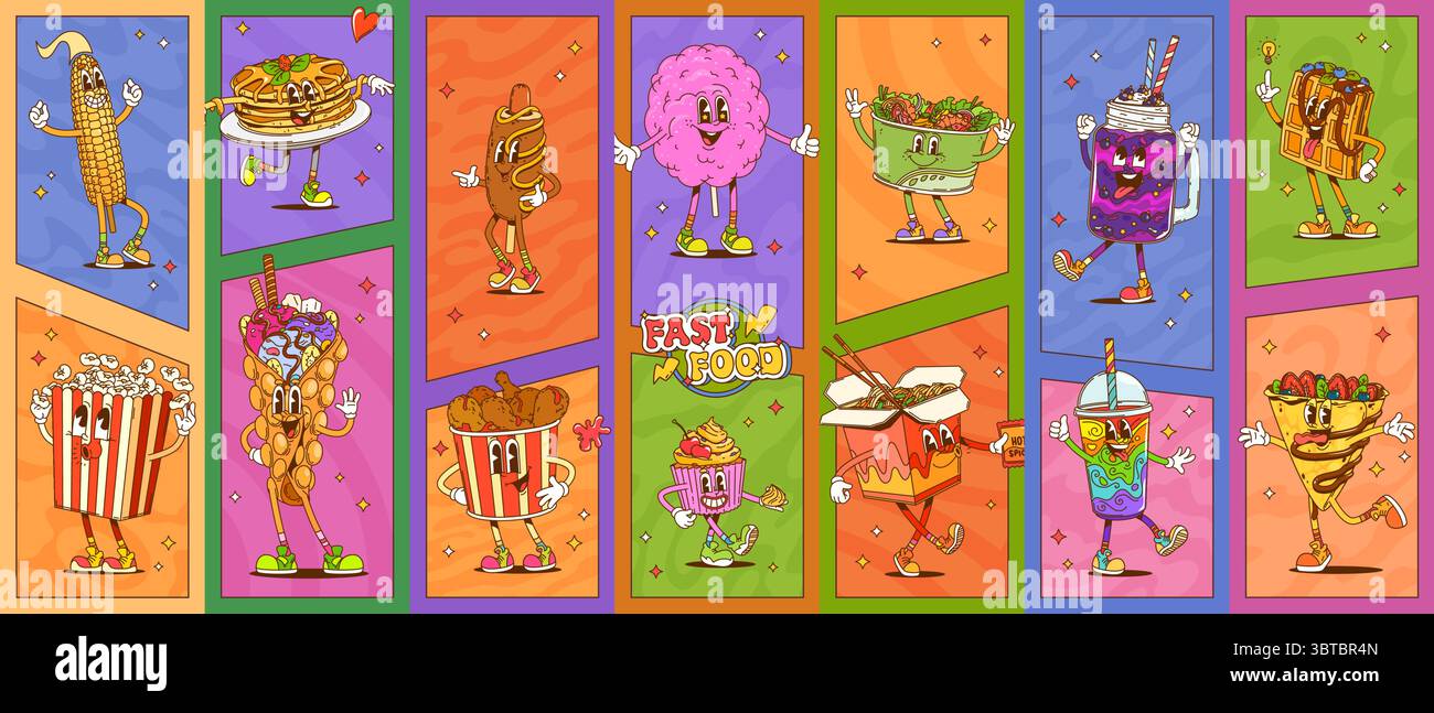 Cartoon groovy fast food characters collage. fried corn, popcorn ...