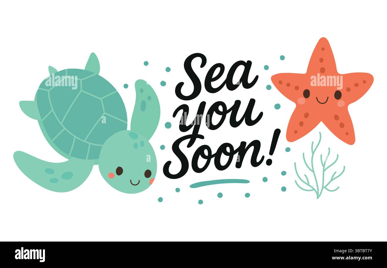 Cute green turtle and smiling starfish swim by a playful farewell ...