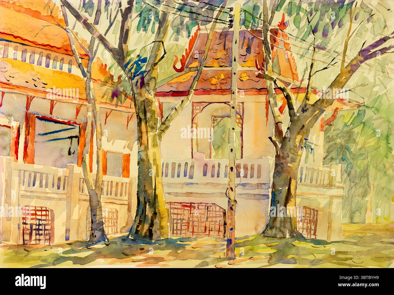 Watercolor landscape original painting colorful of Hall made a ritual ...