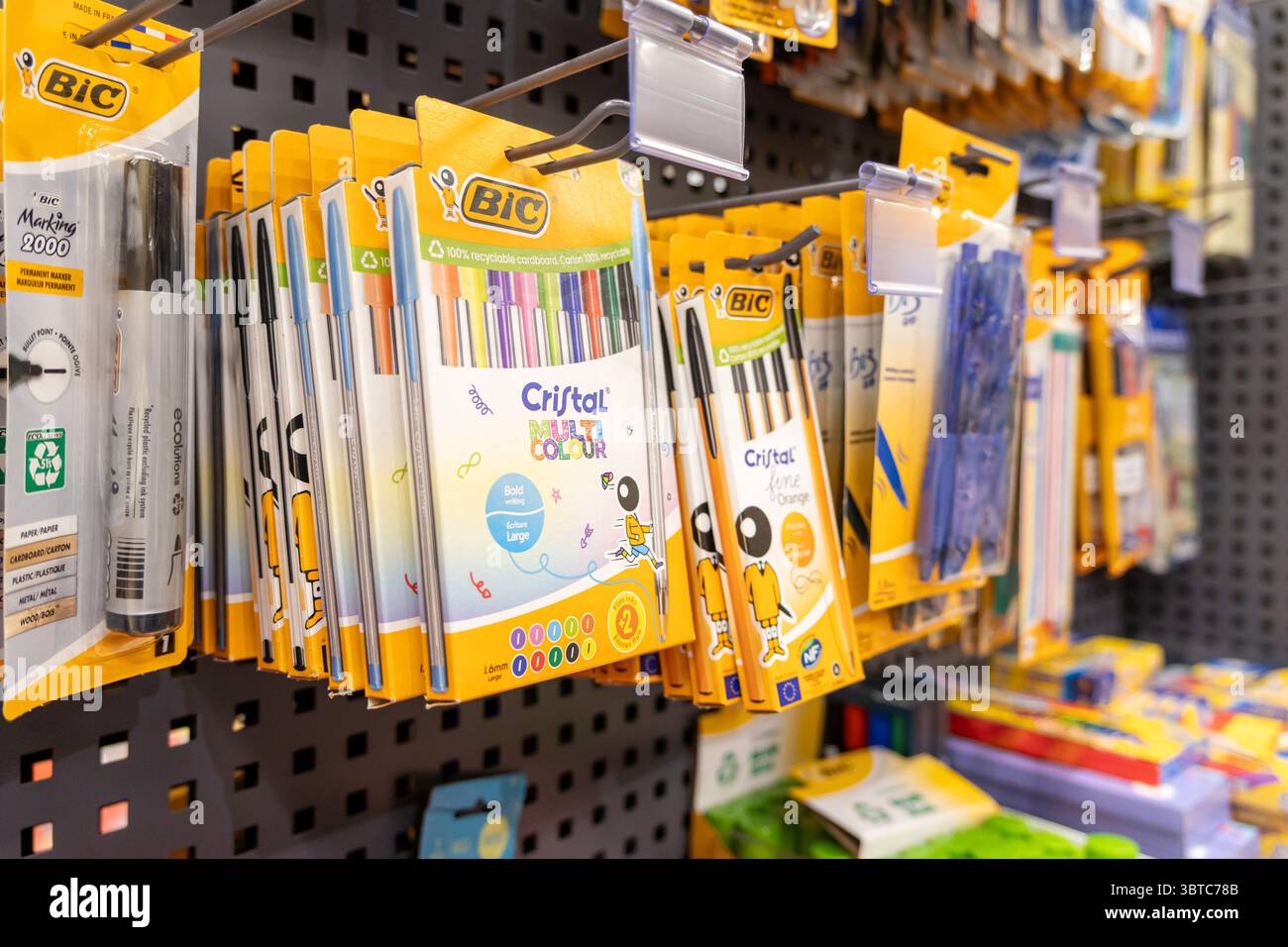 Poznan, Poland - June 30, 2025: BIC writing instruments like pens and ...