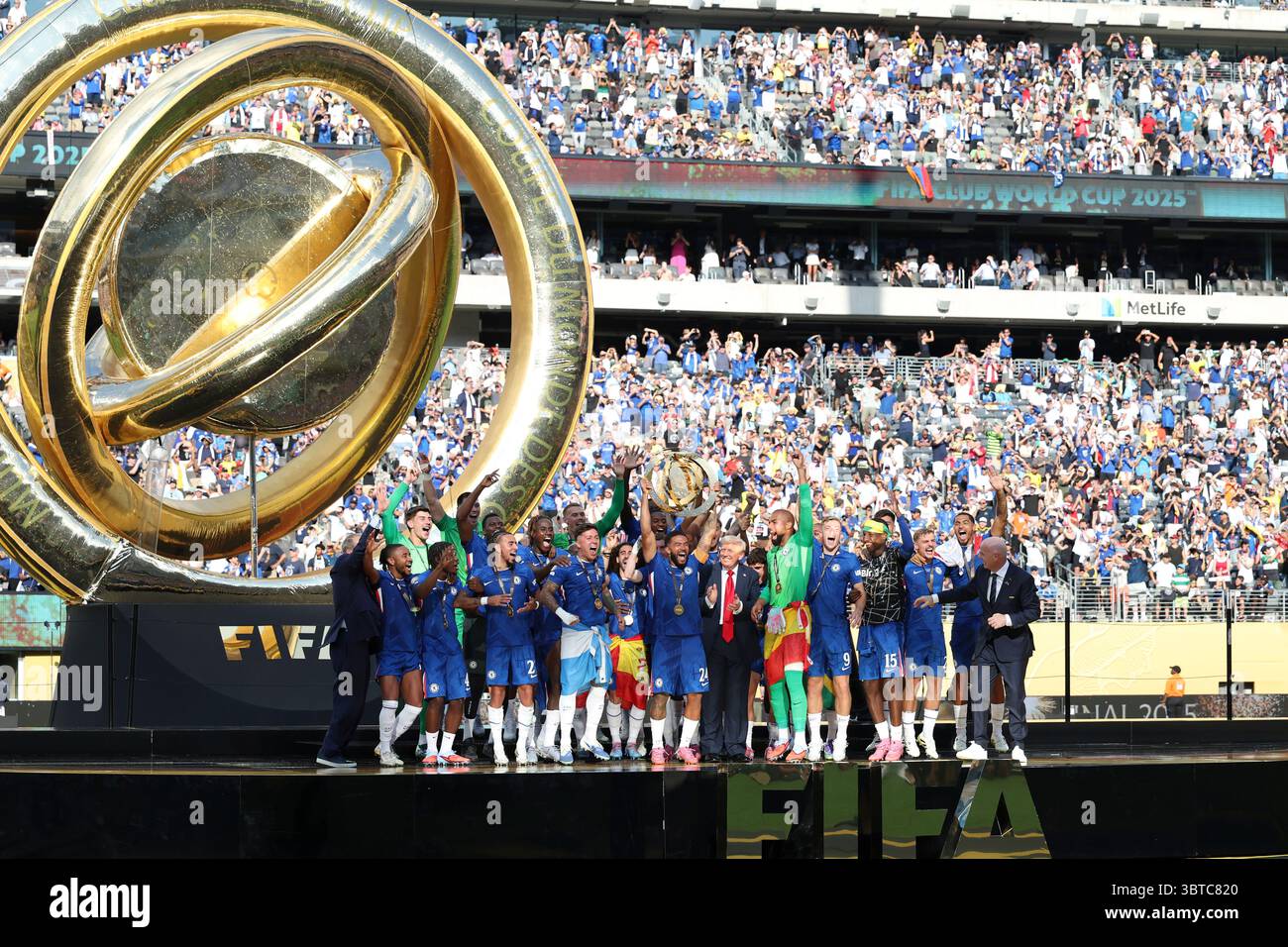 Reece James #24 of Chelsea FC lifts the FIFA Club World Cup trophy ...