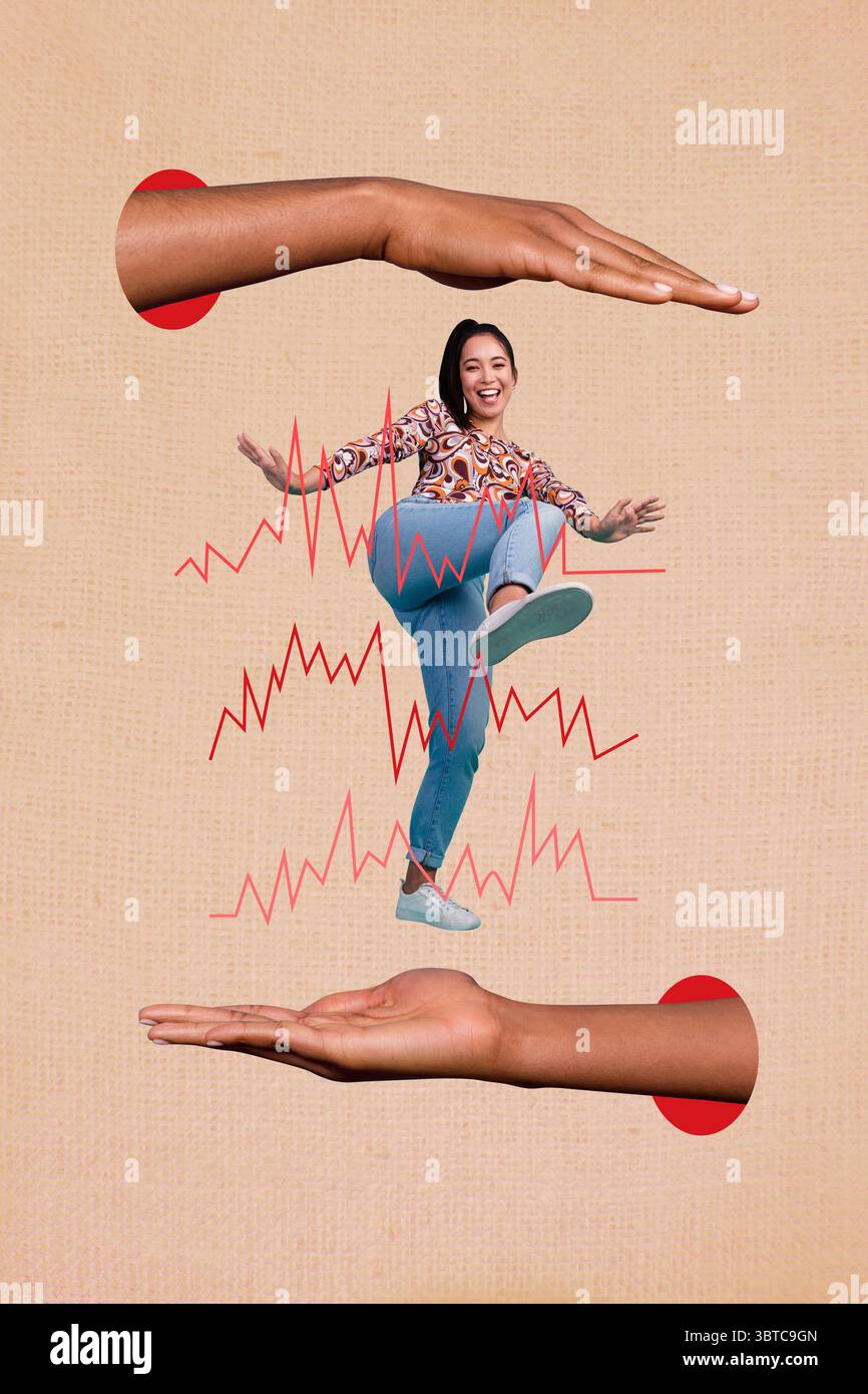Collage of funny person standing between two protective hands with ...