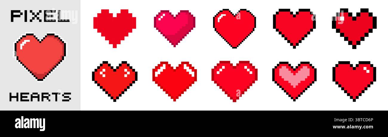 A set of retro pixel hearts icons buttons. Vintage love symbol, 8-bit ...