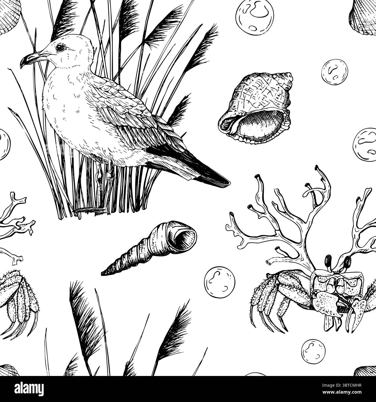 Black and white marine seamless pattern with a seagull standing among ...