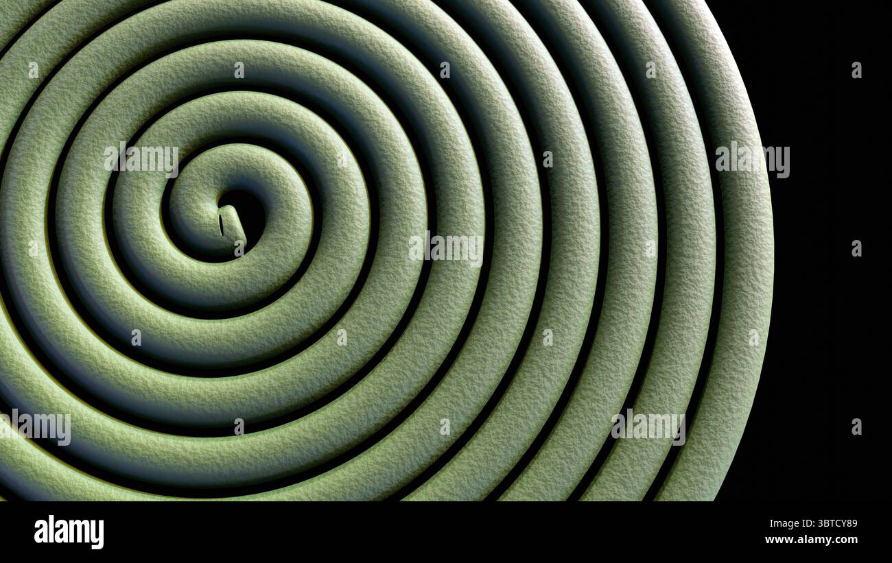 A 3d rendering of green, spiral-shaped mosquito coils. The coils are a ...
