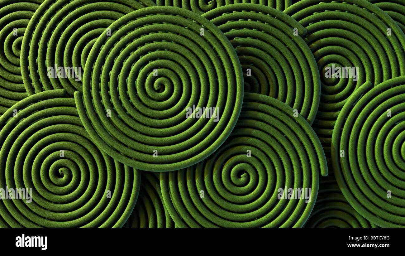 A 3d rendering of green, spiral-shaped mosquito coils. The coils are a ...