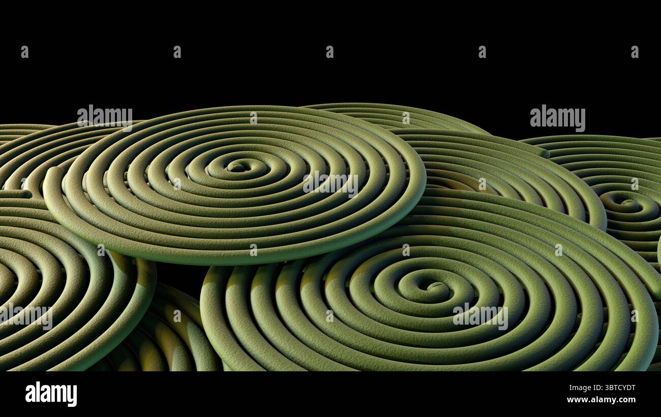 A 3d rendering of green, spiral-shaped mosquito coils. The coils are a ...