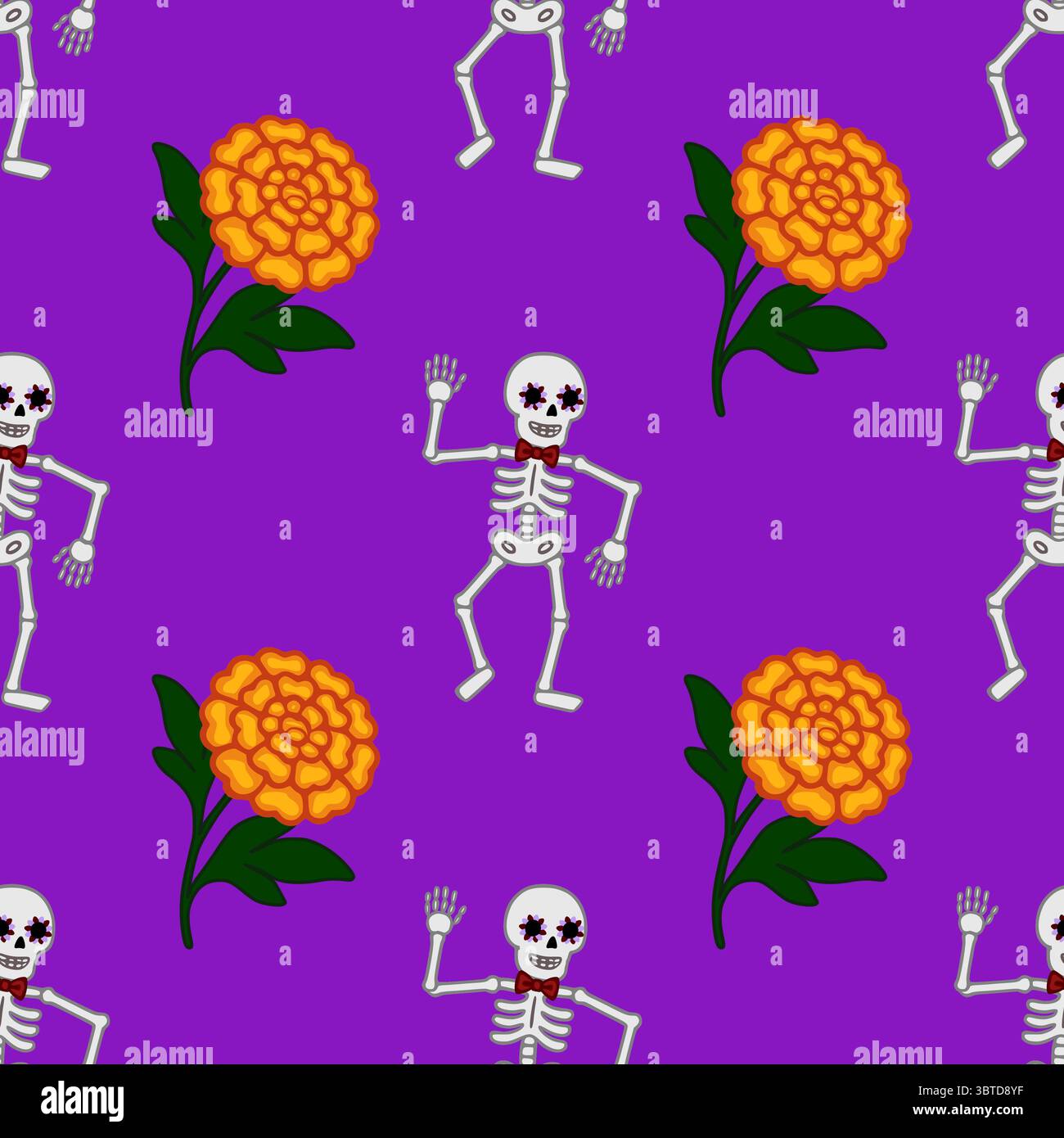 Festive Day of the Dead vector seamless pattern with dancing skeletons ...