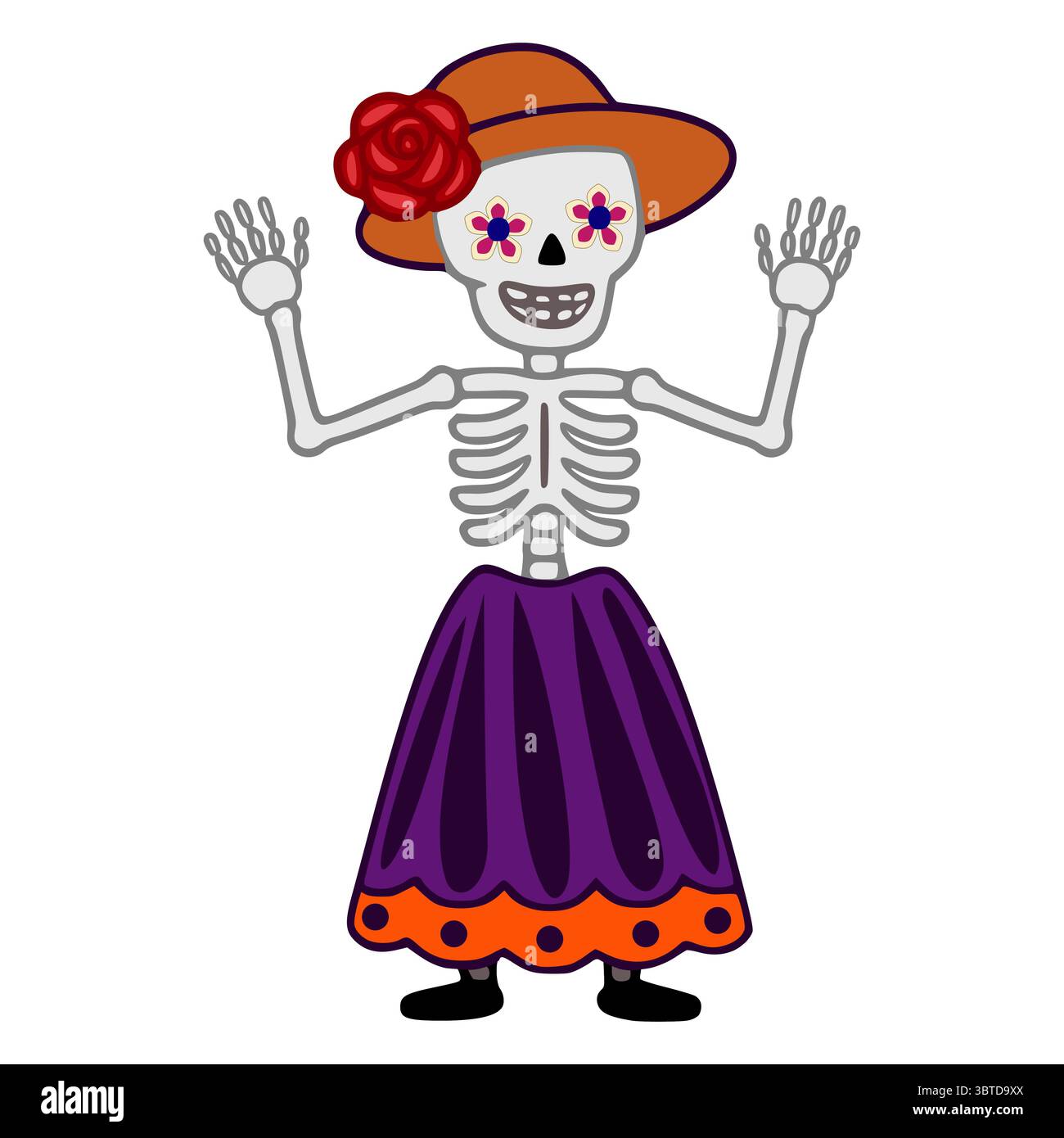 Vector illustration of a cheerful Calavera Catrina skeleton wearing a ...
