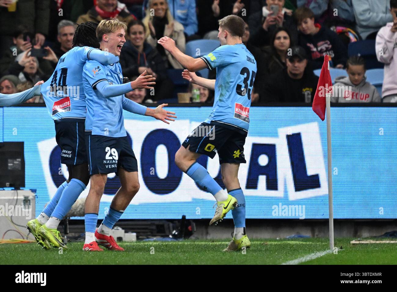 Joe Lacey of Sydney celebrates after scoring the match winning goal ...