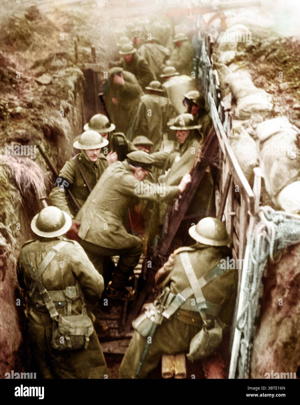 Scene in a British trench . France . 1914 Colourised photograph Stock ...