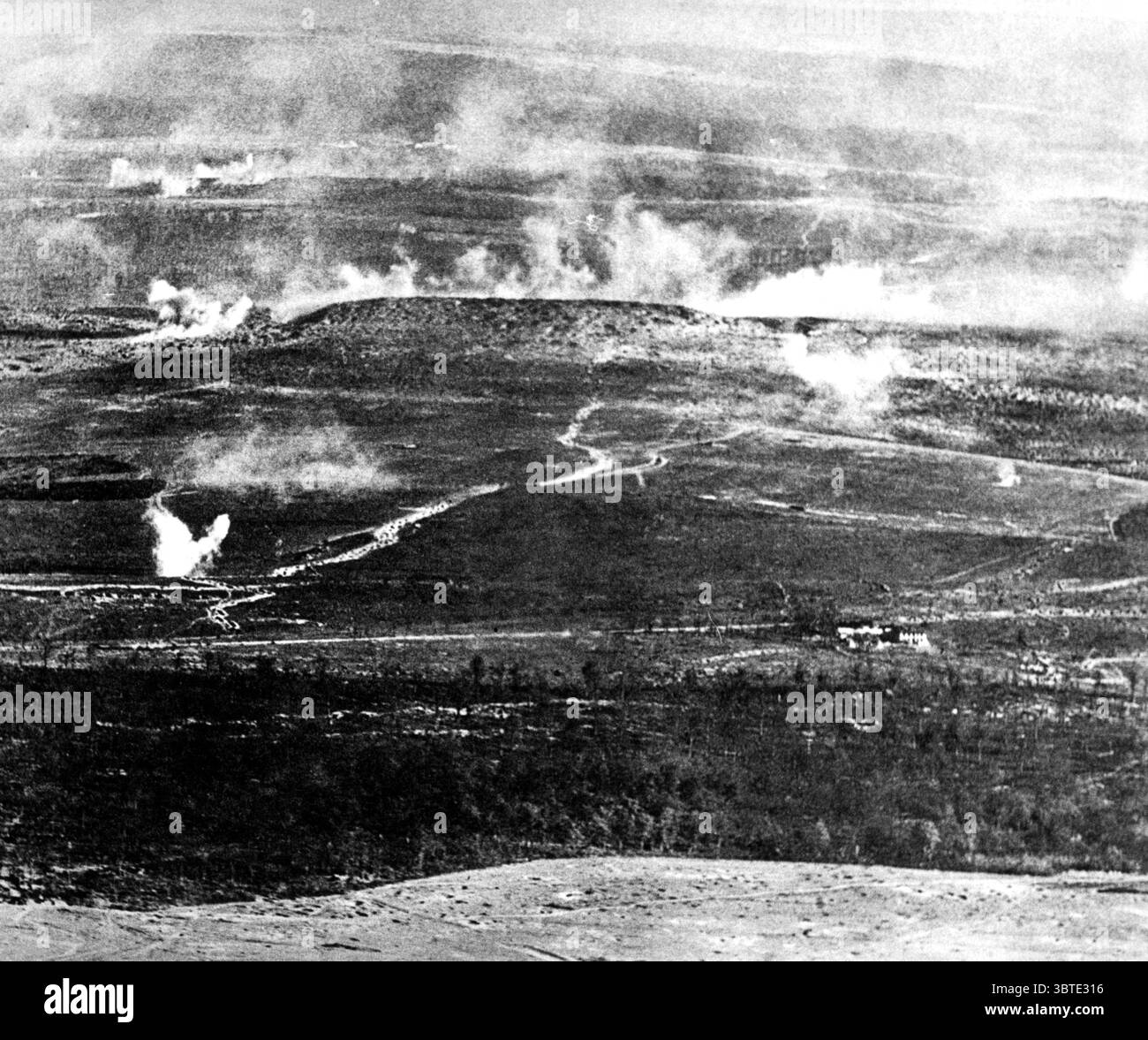 The battle of Verdun seen with shells bursting and a craterd landscape ...