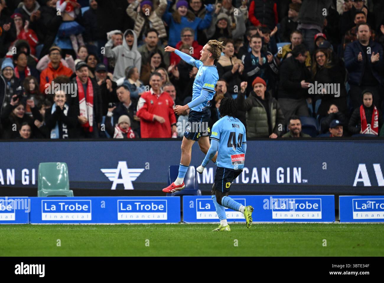 Joe Lacey of Sydney celebrates after scoring the match winning goal ...