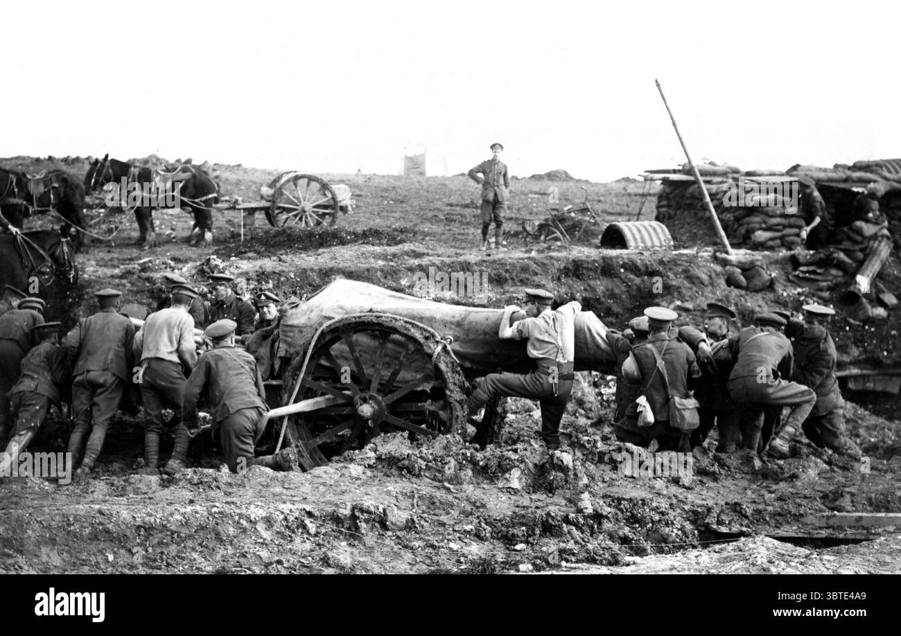 Battle of the Transloy Ridges . Swinging a 60 pounder gun round to haul ...