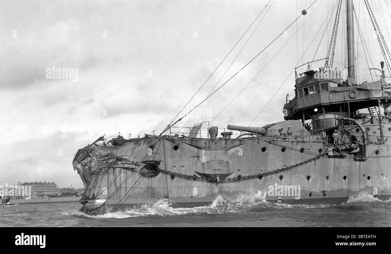 British Royal Navy . The extensive damage to the bow of HMS Hawke - an ...