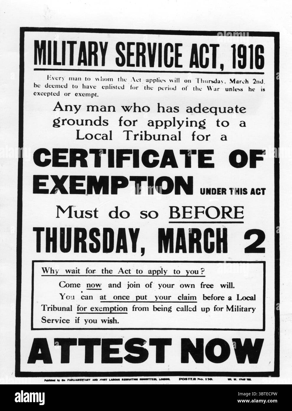 Certificate of exemption notice Military Service Act 1916 WWI Stock ...