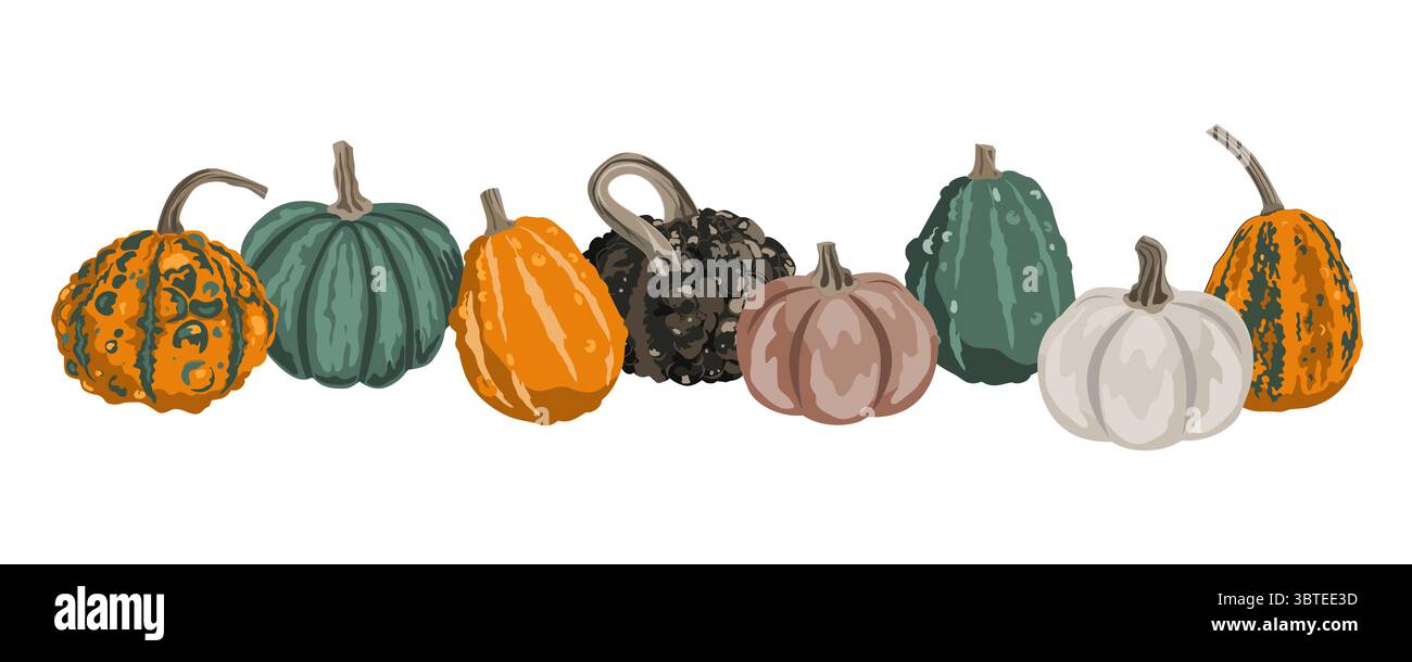Pumpkins border garland composition isolated on white. Cozy small ...
