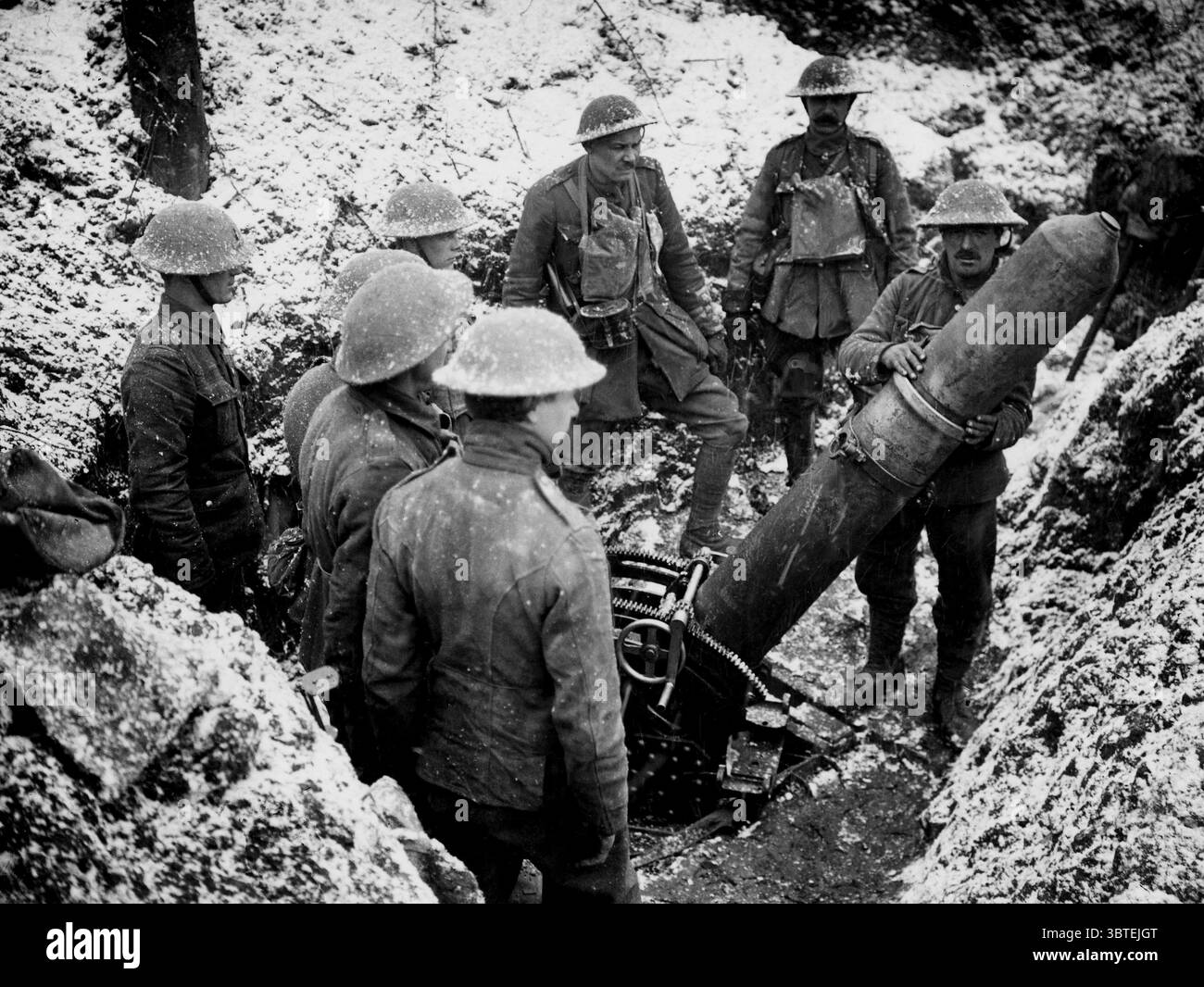 British 9.45 trench mortar and its crew in an old German trench in ...