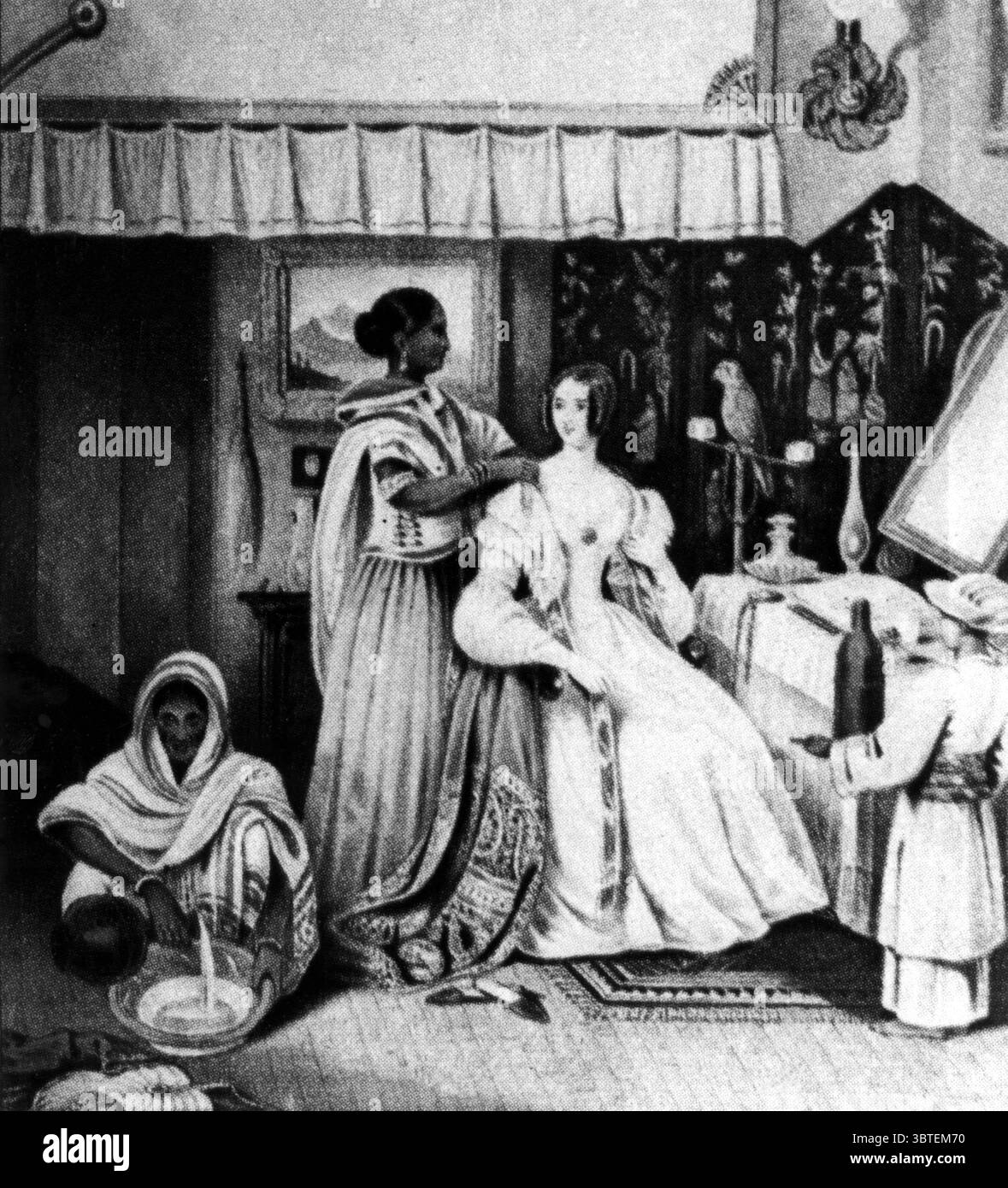 British in India in 19th century. Young woman with Indian servants ...