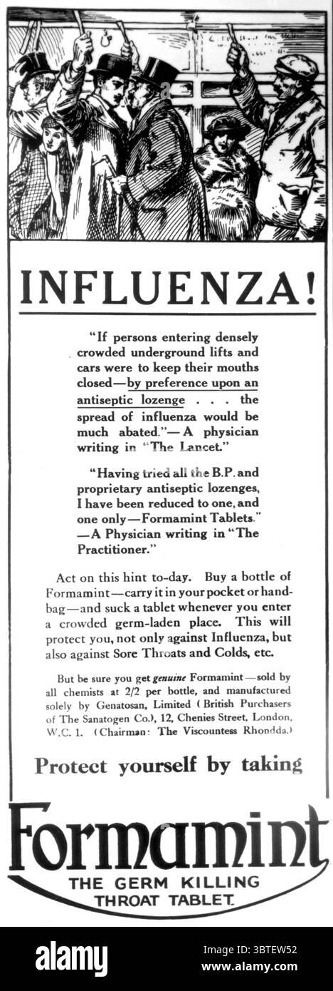 An advert for Formamint to be taken during the Flu Epidemic. 1918 Stock ...