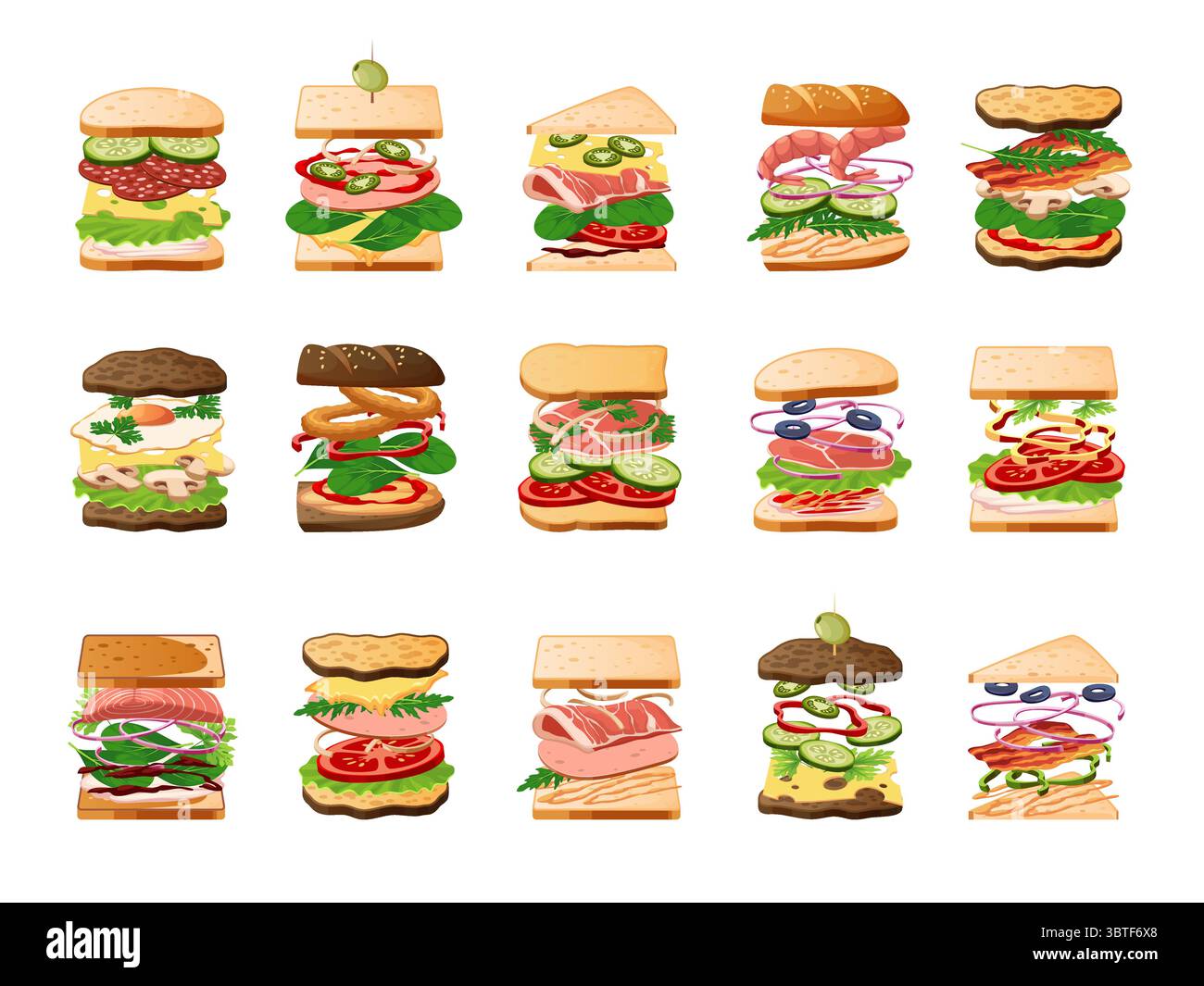 Sandwich ingredients. Multi layered snacks, sliced bread with fresh ...