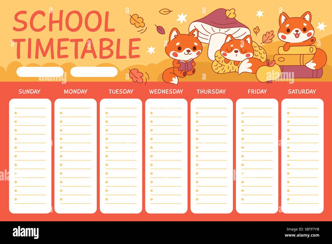 School schedule with fox. Kids funny timetable template, autumn weekly ...