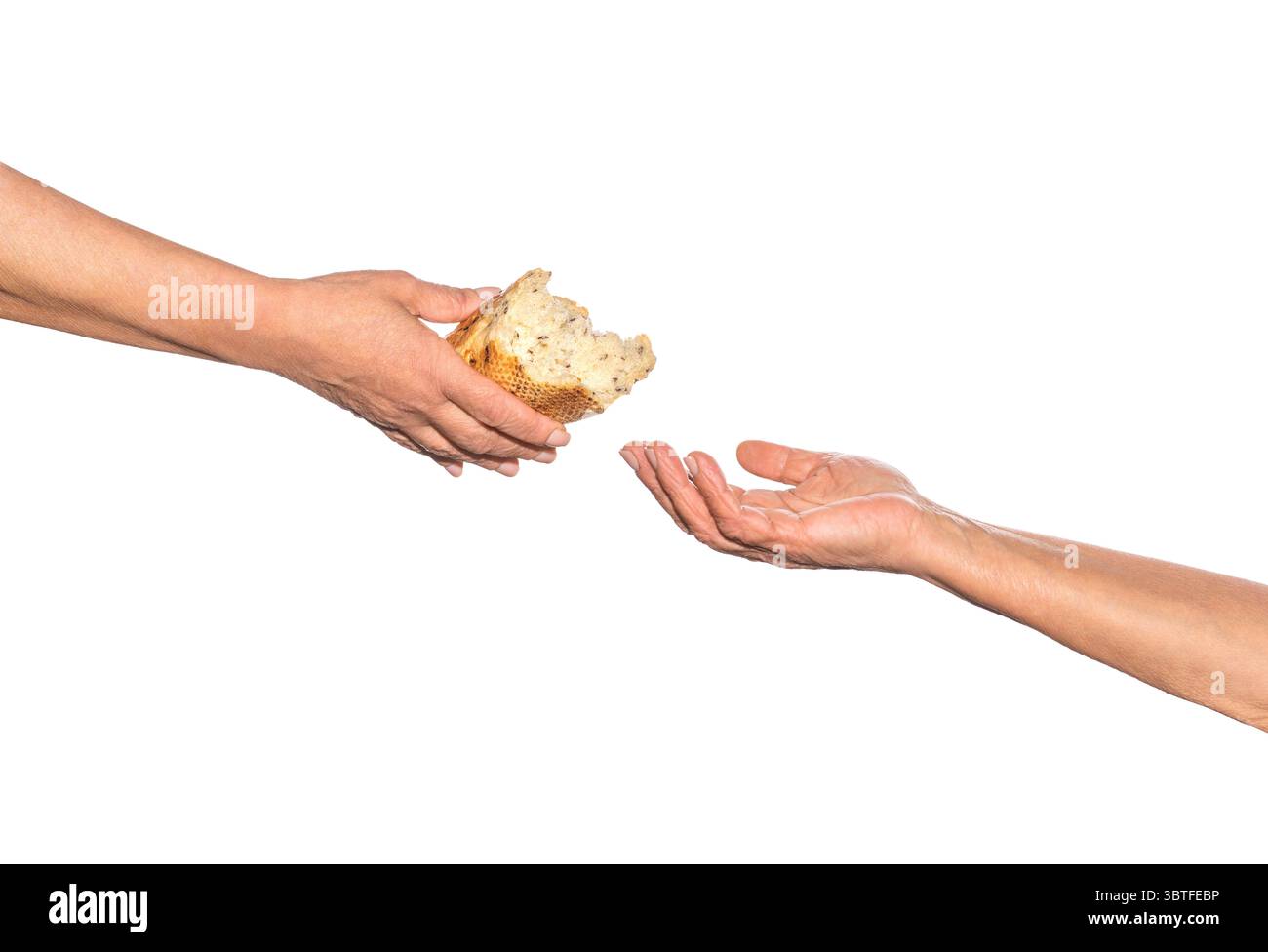 Old man giving poor homeless person pieces of bread. Helping the ...