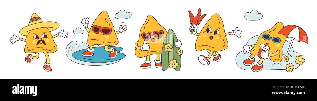 Cute nachos characters. Funny groovy corn chips, happy triangle snacks ...