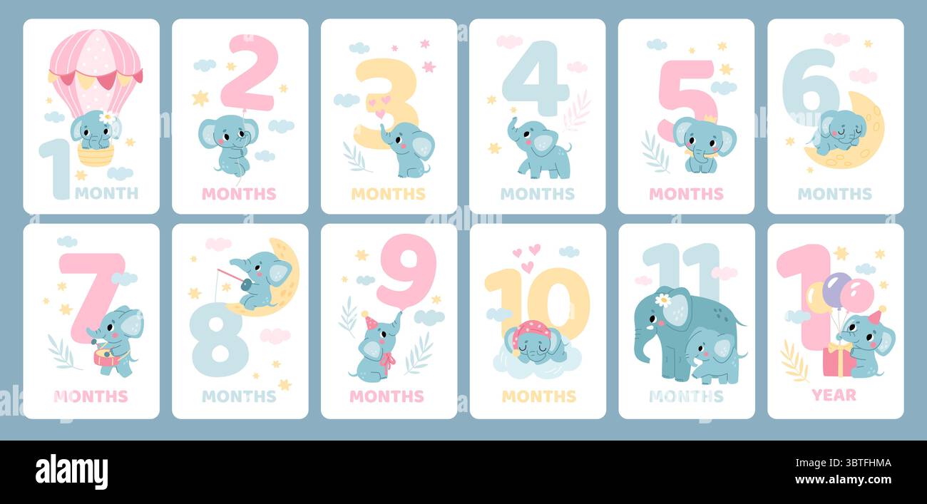 Cute elephant baby birthday cards. Numbers with funny animal characters ...