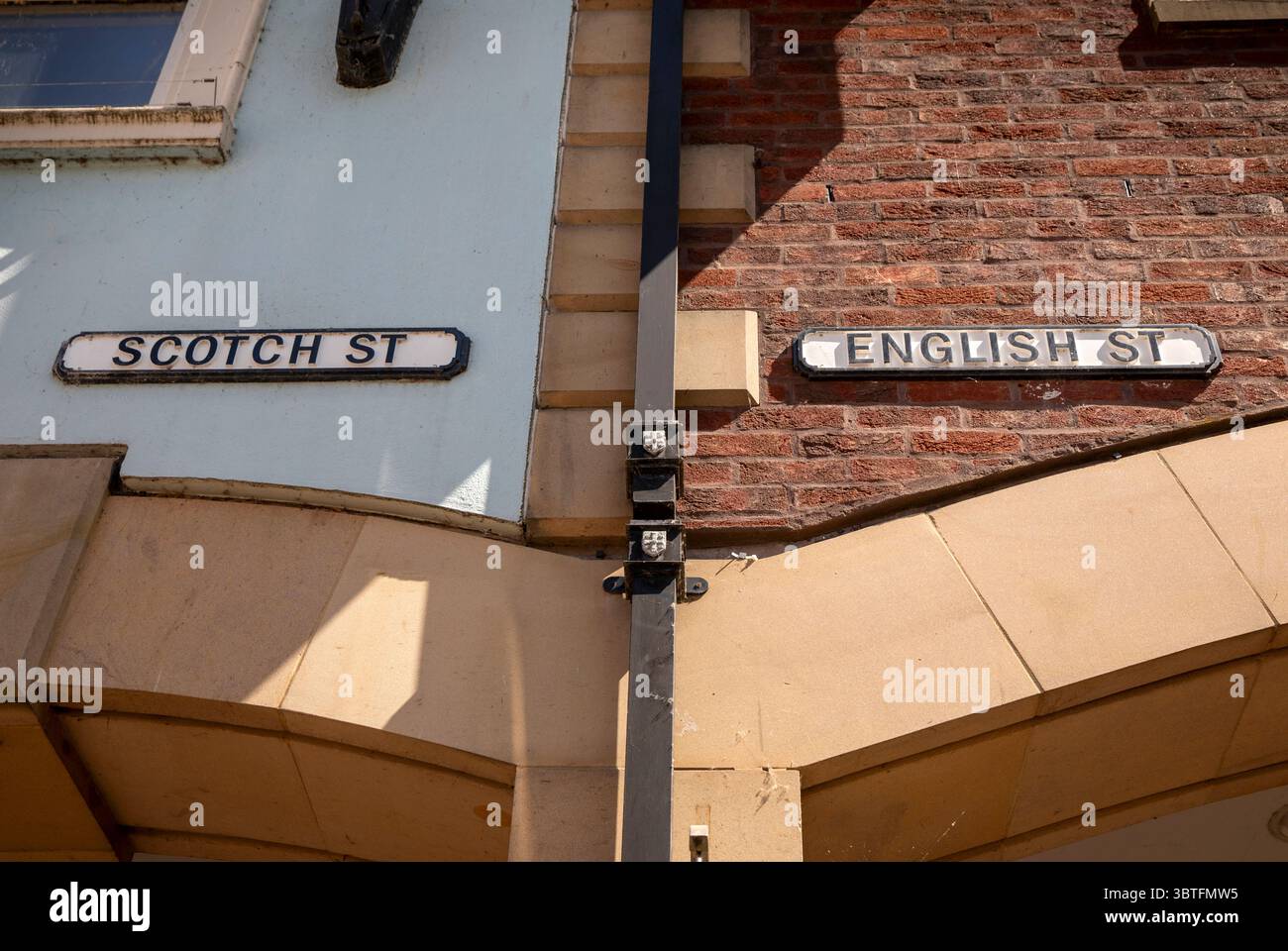 UK, England, Cumbria, Carlisle, road signs where Scotch and English ...