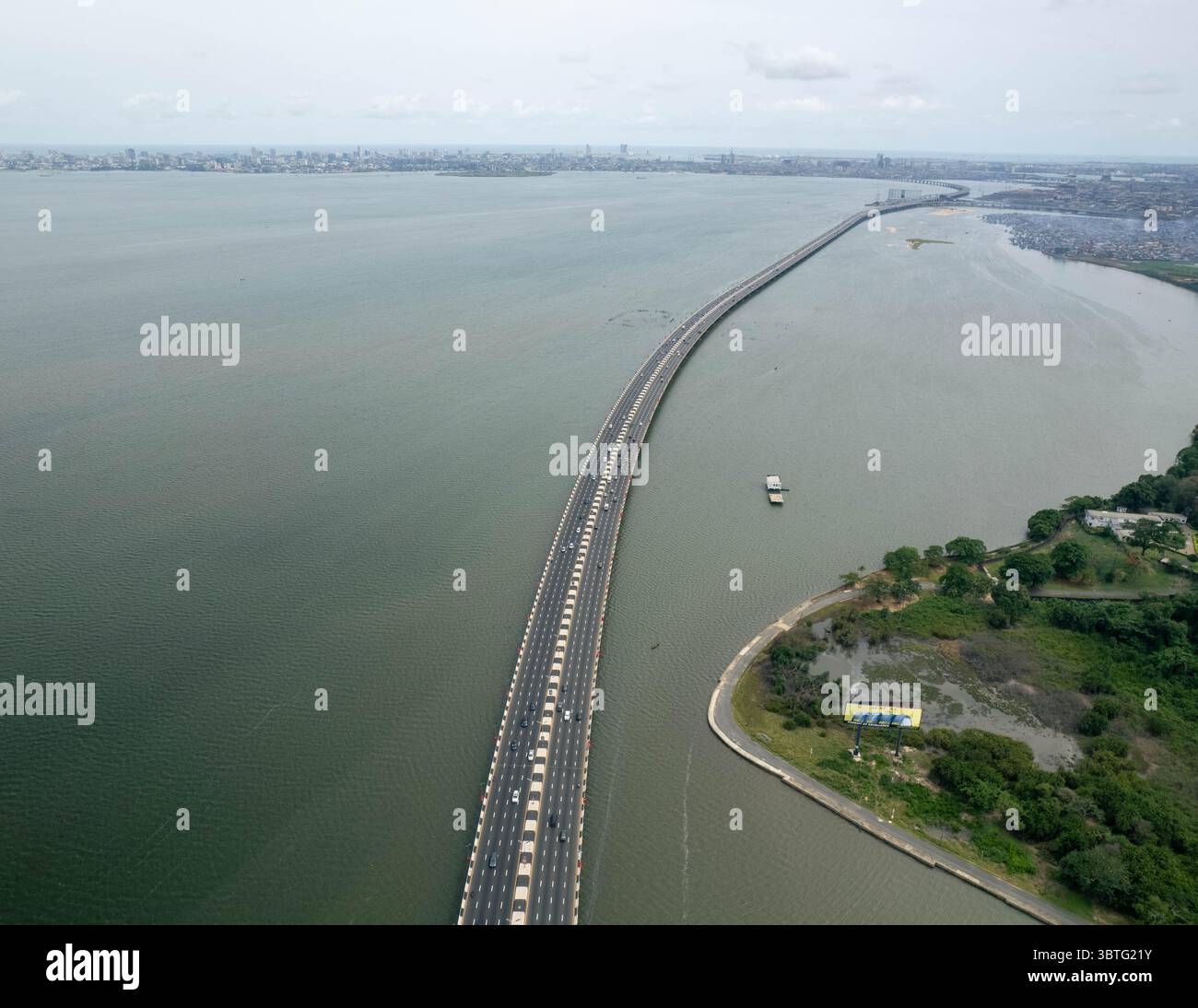 Aerial view of the Third Mainland Bridge stretches across the water ...