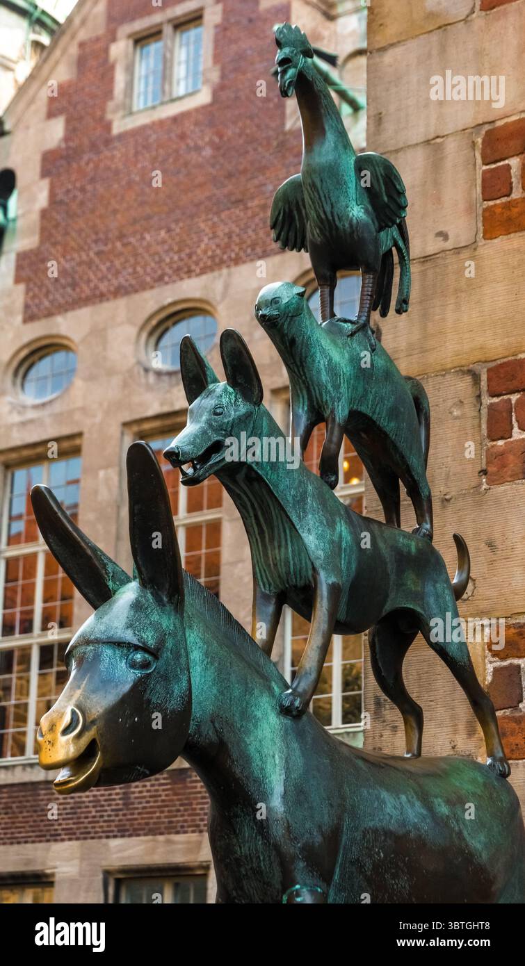 Great close side view of the famous bronze statue of the Bremen Town ...