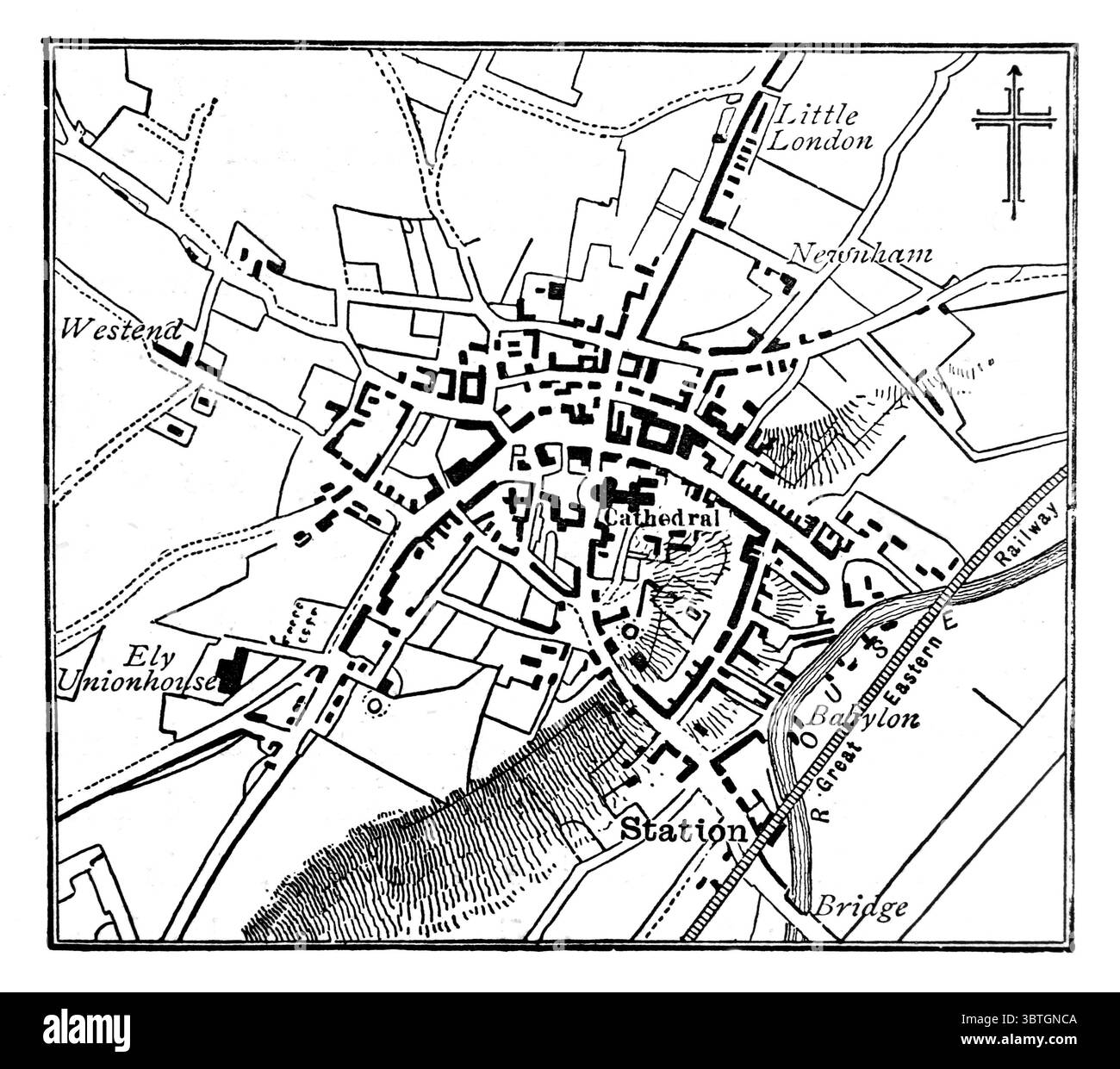Map of Ely, Cambridgeshire in the 19th century. Black and White ...