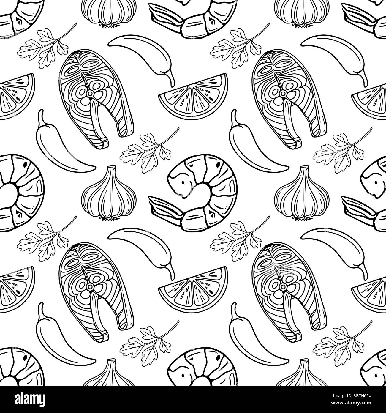 Seamless vector outline pattern of grilled shrimp, salmon steaks ...