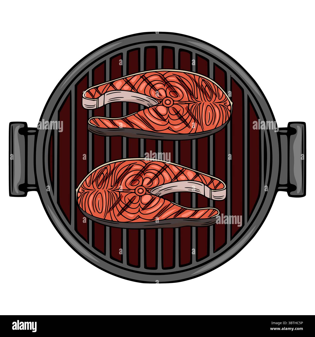 Vector illustration of two salmon steaks grilling on a round barbecue ...