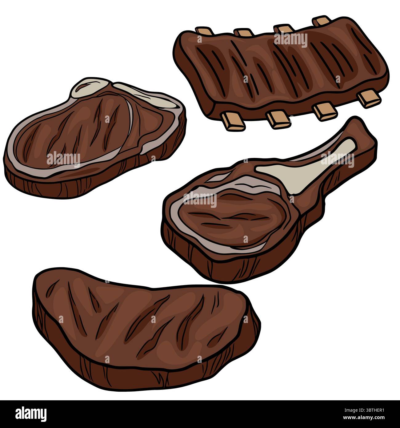 A vector illustration featuring four different cuts of grilled meat: a ...