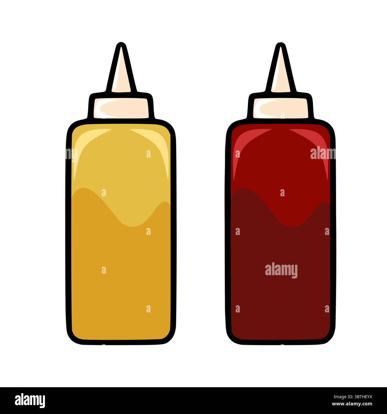 Vector illustration of two condiment bottles, mustard and ketchup, with ...